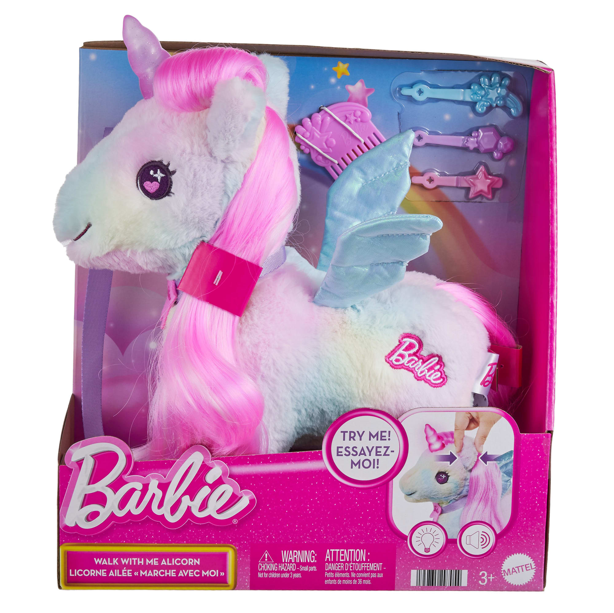 Juguete de peluche Alicornio Camina conmigo de Barbie con luces y sonido, conjunto de animal de ...