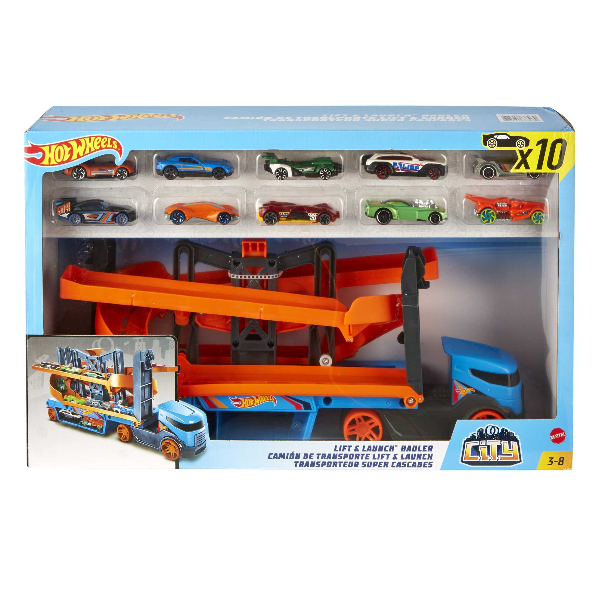 Hot Wheels Lift & Launch Hauler + 10 Cars | HJJ76 | MATTEL